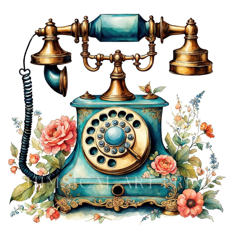 Watercolor Antique Telephones With Flowers: Boho Telephone Clipart ...