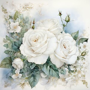 Romantic White Roses Digital Paper, Background Graphics, Watercolor ...
