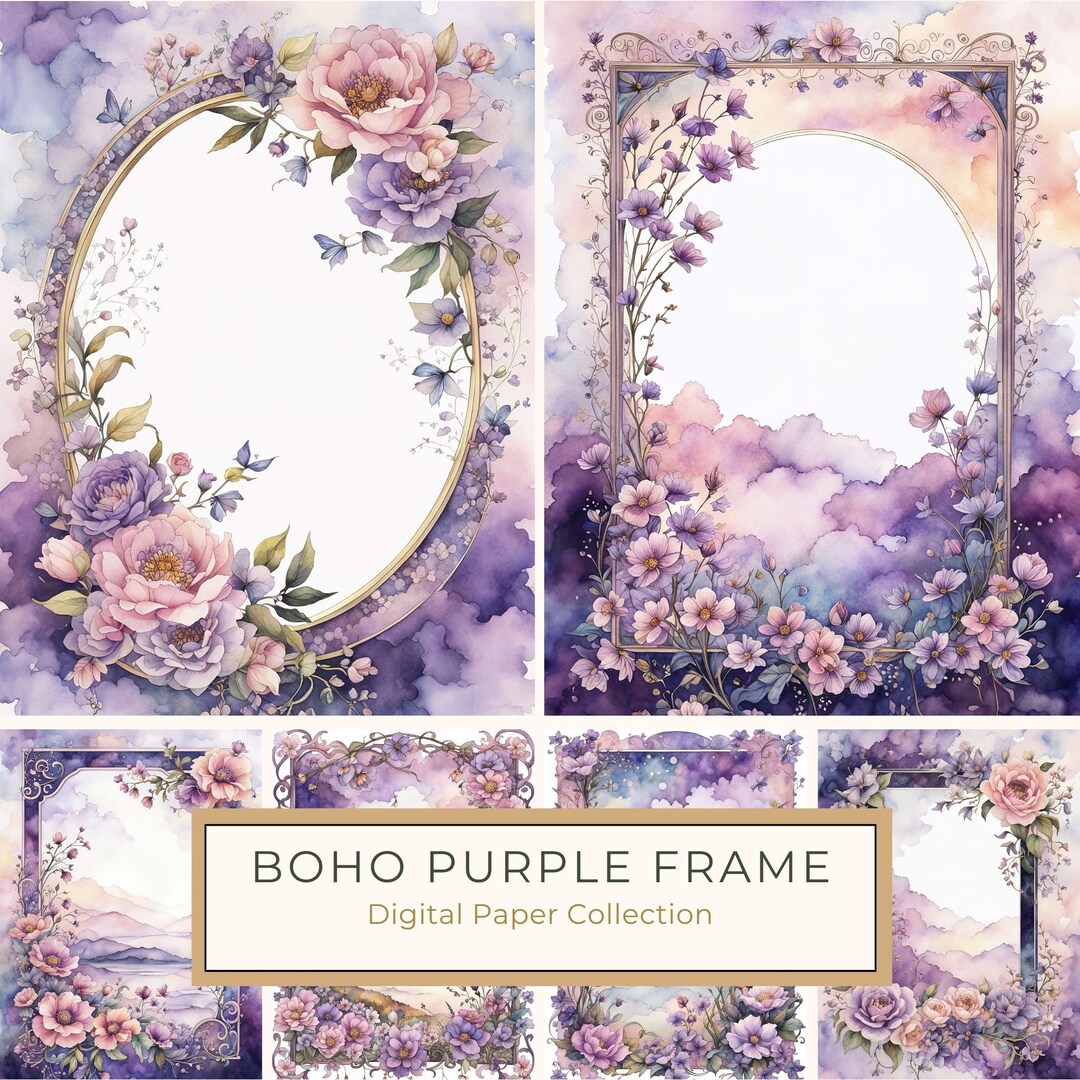 Watercolor Boho Purple Floral Frame Digital Paper Pack, Wedding ...