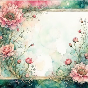 Watercolor Floral Frame Digital Paper: Green & Pink (10 Jpgs) - Etsy