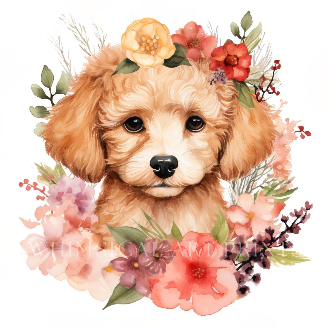 Poodle Puppy Clipart, Puppy in a Wreath, Watercolor Style Floral Art ...