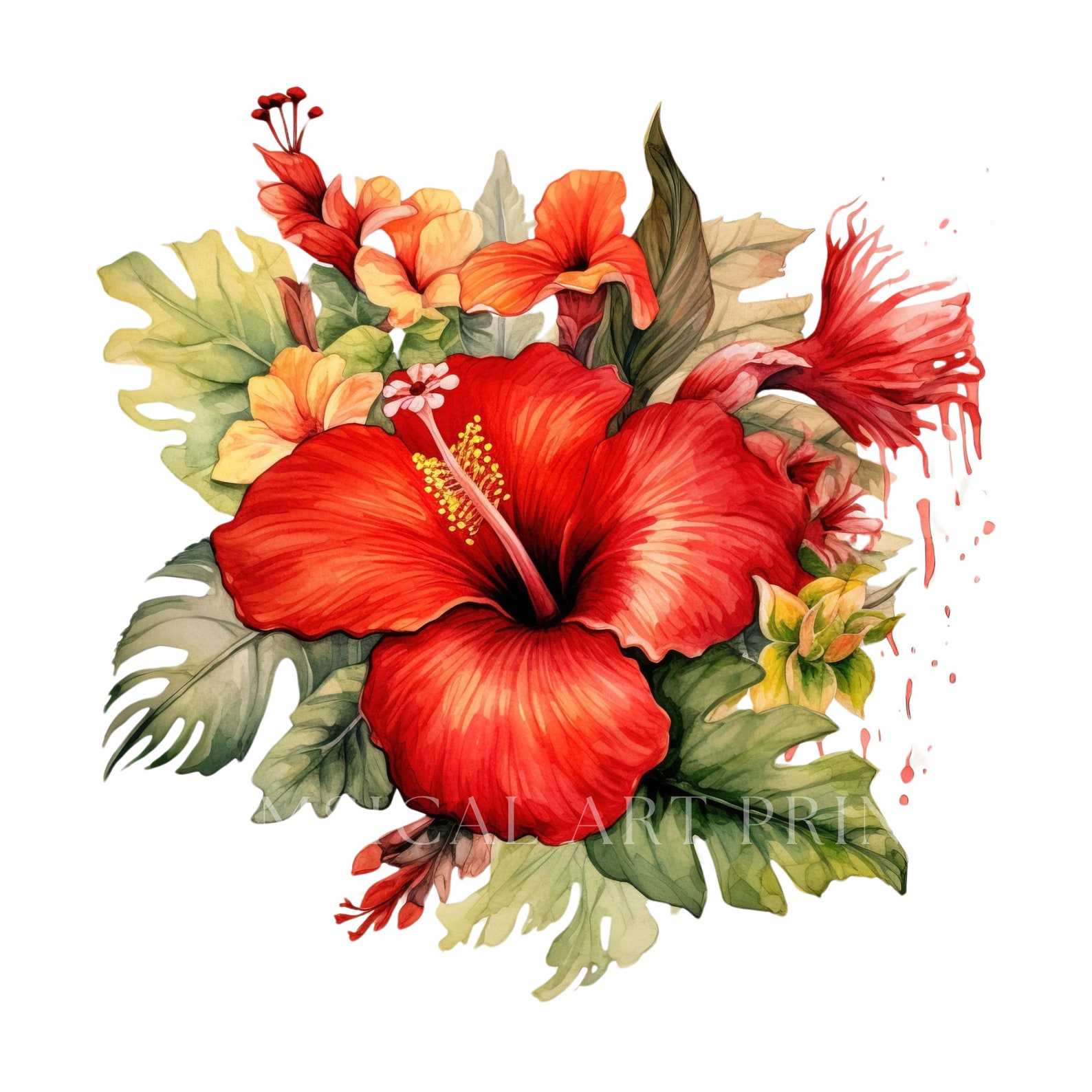 Red Hibiscus Clipart, Hibiscus Watercolor Flower Bouquet Graphic, Red ...