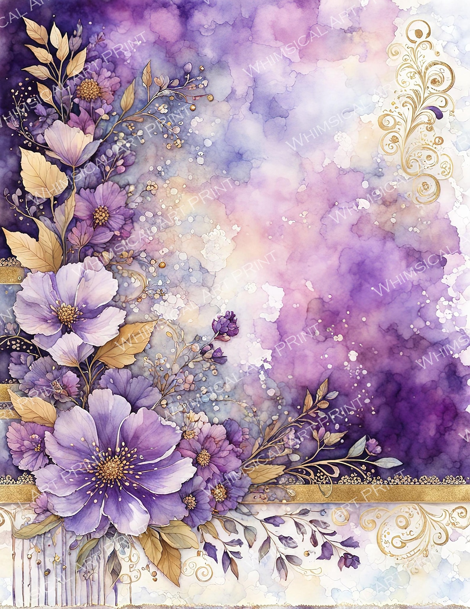 Watercolor Purple Floral Digital Paper: Gold Accents (10 JPG ...