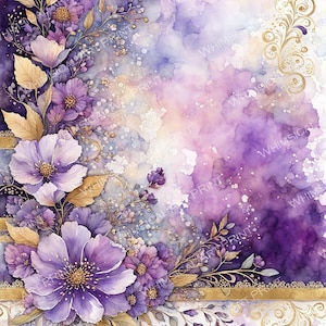 Watercolor Purple Floral Digital Paper: Gold Accents (10 JPG ...