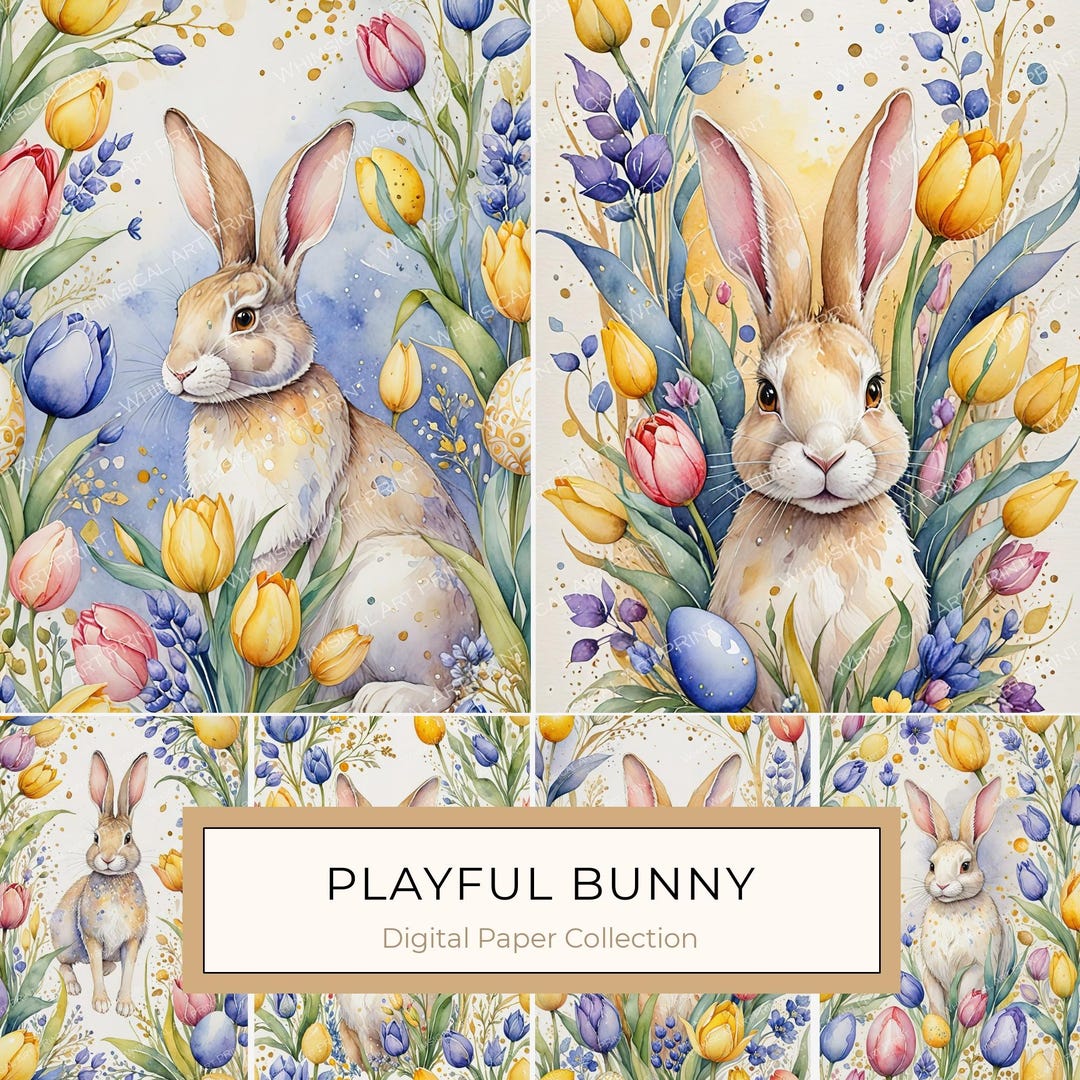 Watercolor Bunny Floral Paper Set: Scrapbooking & Crafts (JPG Digital ...