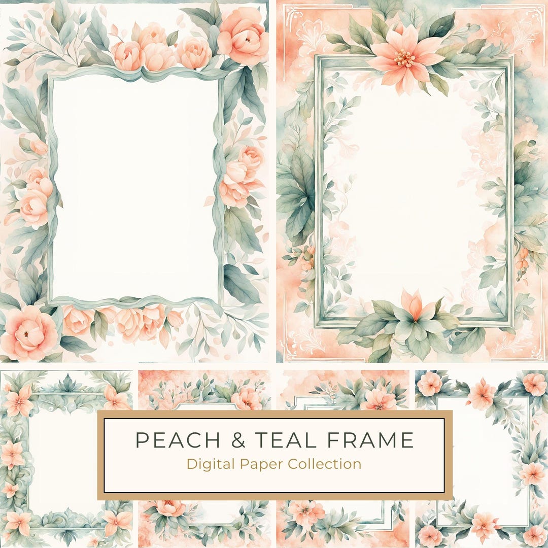 Watercolor Floral Frame Digital Paper Pack, Peach Teal Soft Pastel ...