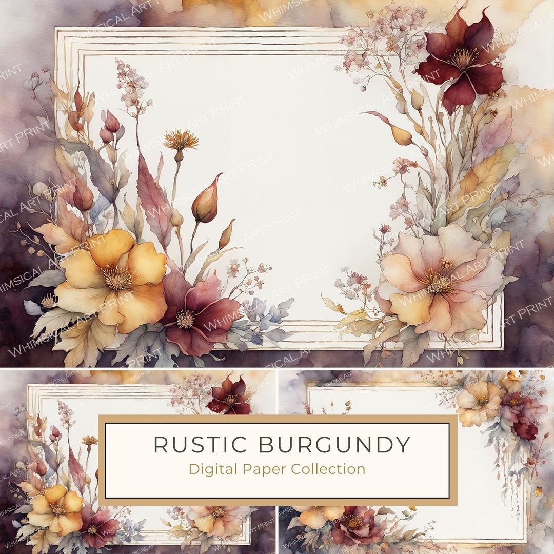 Rustic Burgundy Watercolor Floral Frame Digital Paper Pack, Deep Red ...