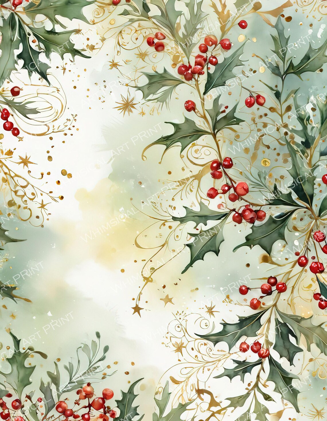 Watercolor Christmas Digital Paper: Vintage Foliage & Gold (digital ...