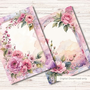Watercolor Floral Frame Digital Paper: Pink & Mauve Botanical Borders ...