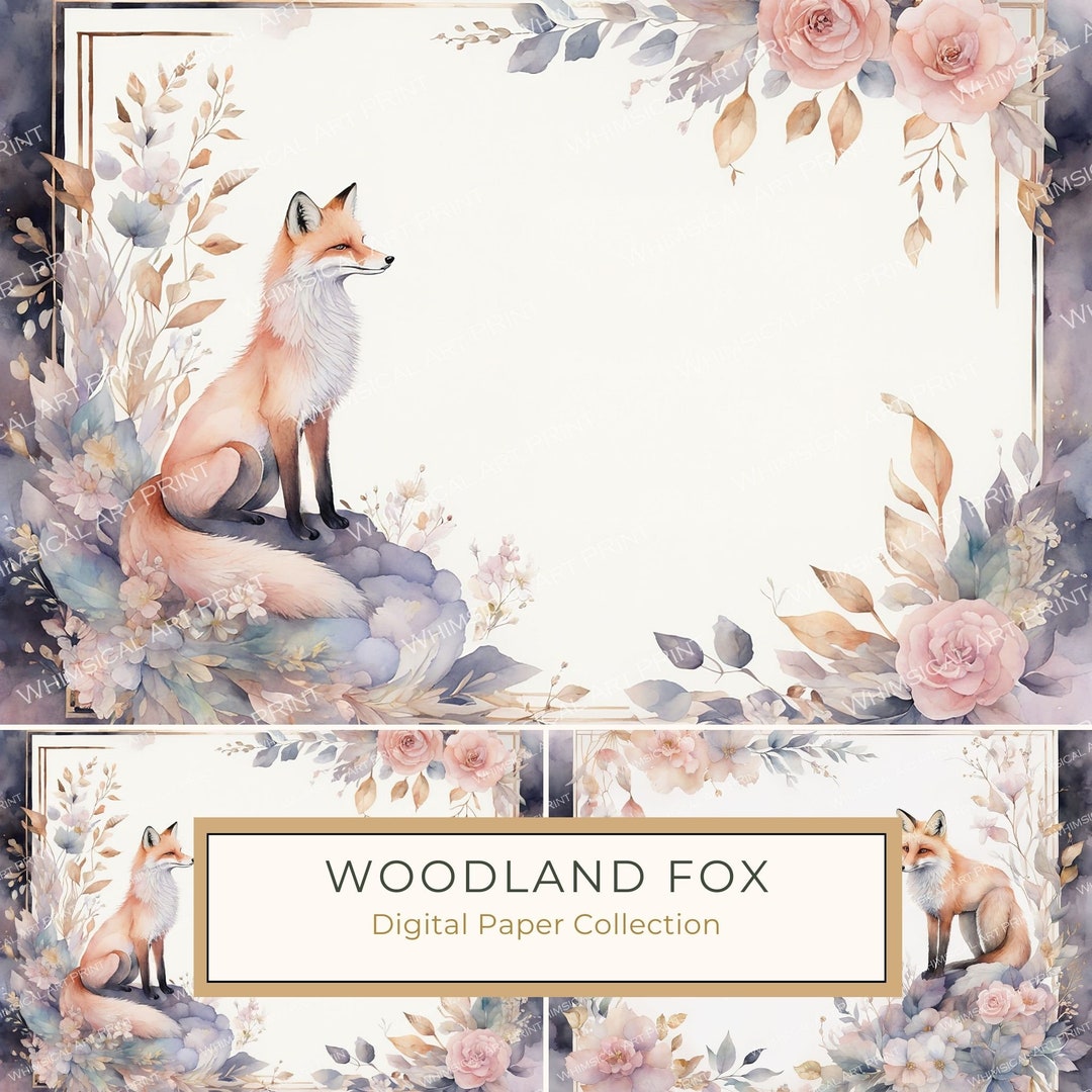 Watercolor Woodland Fox Digital Paper Pack, White Background, Page ...