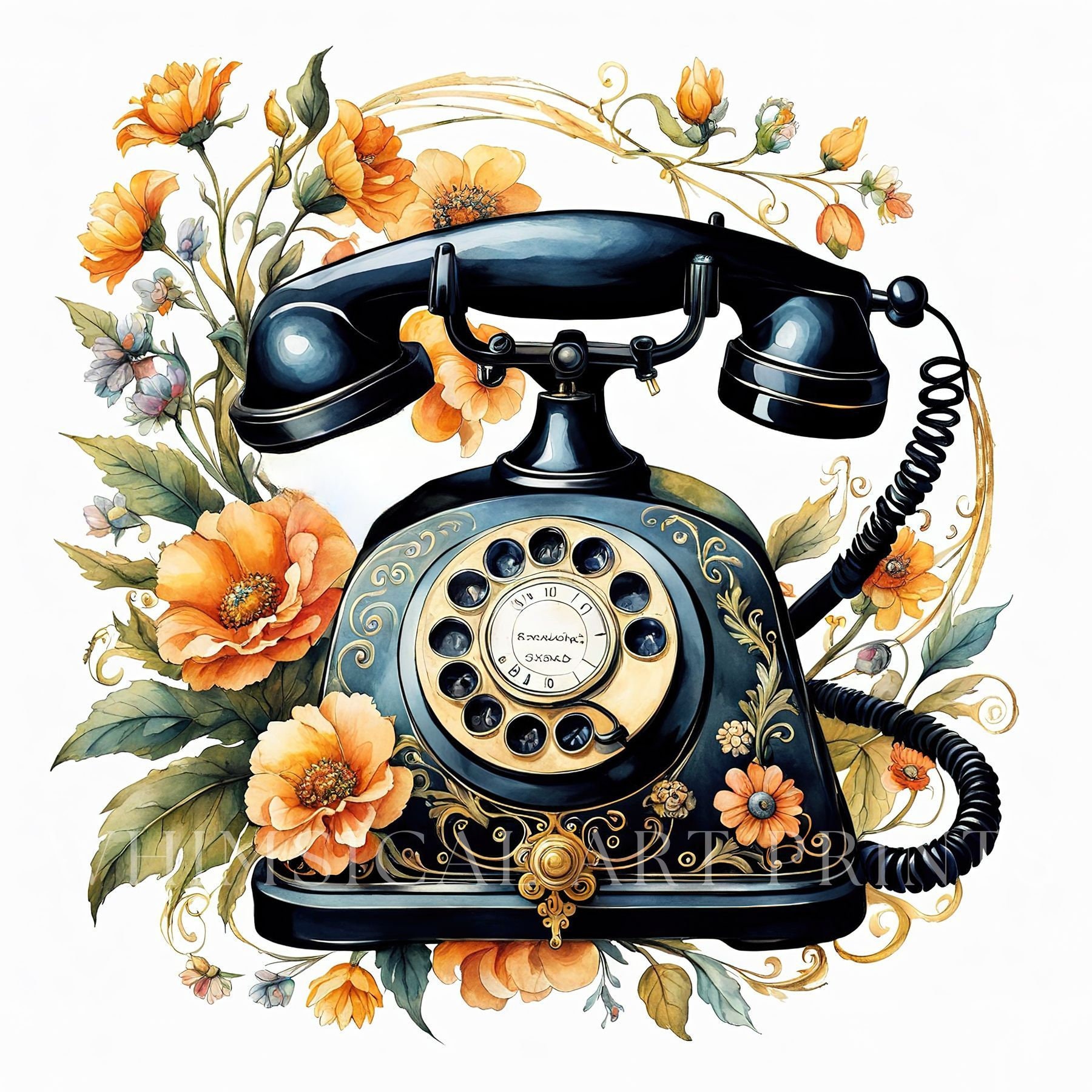 Watercolor Antique Telephones With Flowers: Boho Telephone Clipart ...