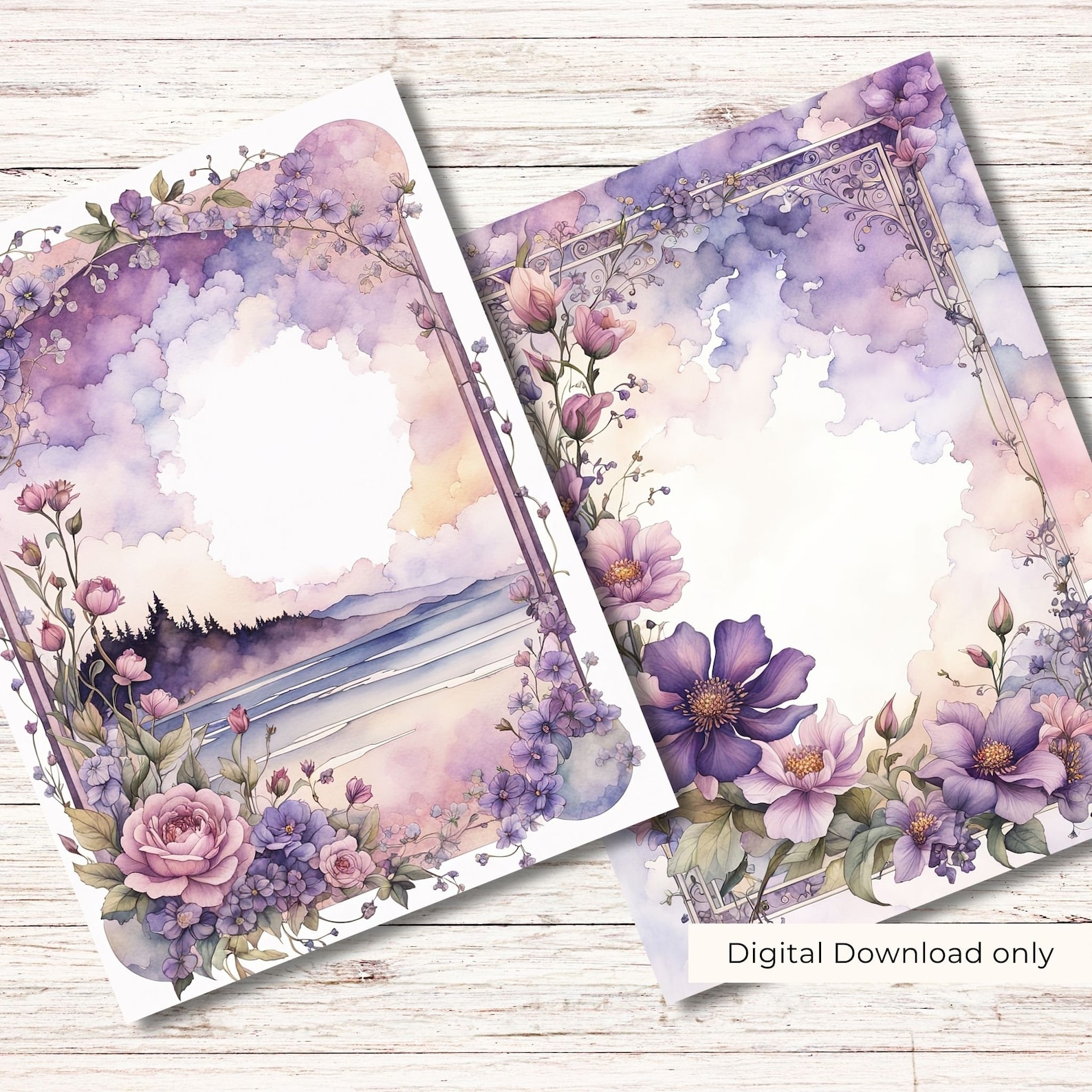 Watercolor Lilac Floral Frame: Boho Digital Paper Pack (10 Jpgs) - Etsy