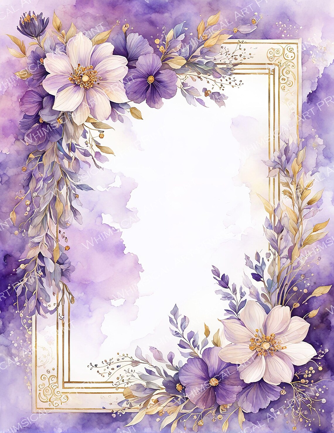 Watercolor Purple Floral Digital Paper: Gold Accents (10 JPG ...