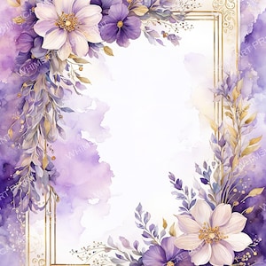 Watercolor Purple Floral Digital Paper: Gold Accents (10 JPG ...