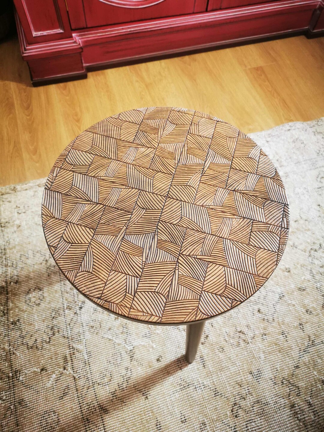 Laser Engraved Round Coffee Table: Handmade Birch Wood Side Table - Etsy