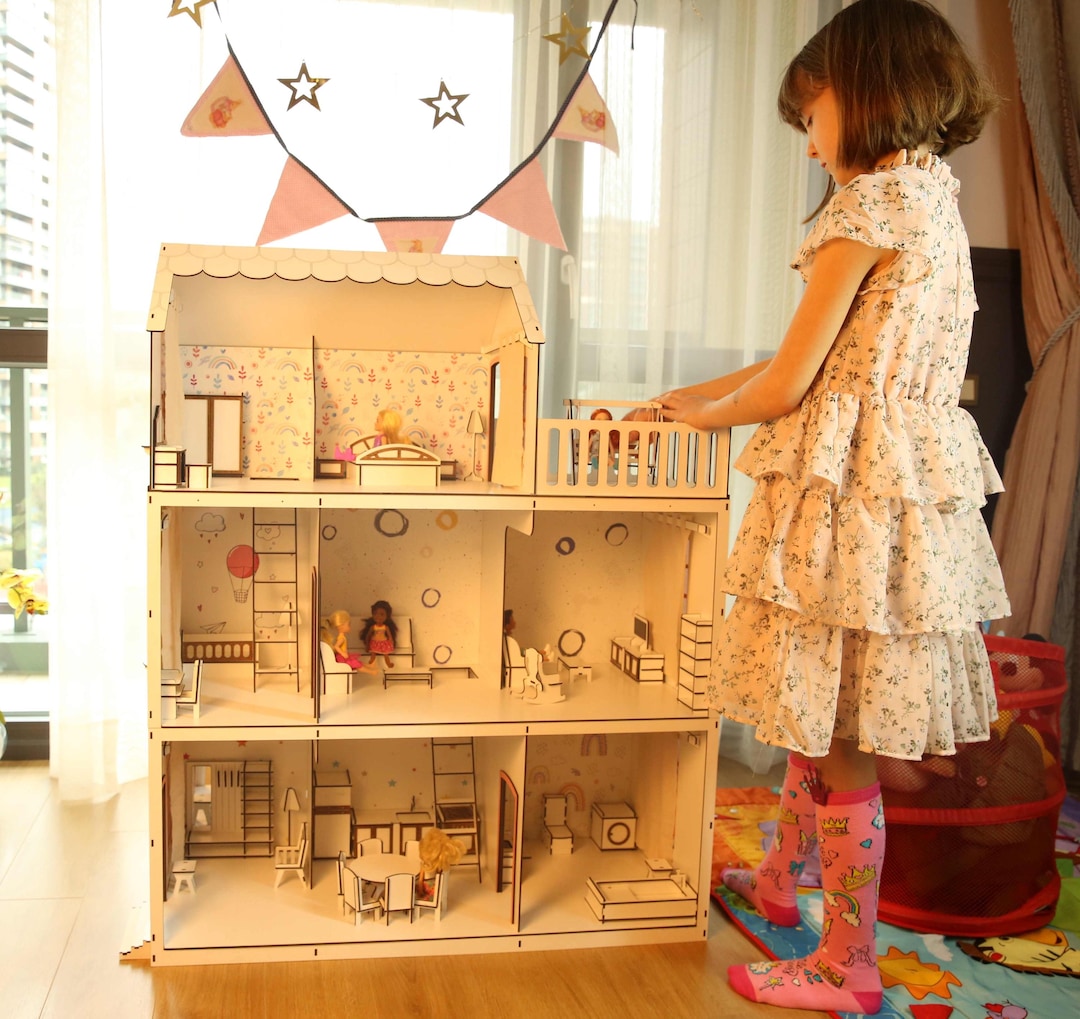 Personalized MDF Montessori Dollhouse: Modern Kids' Toy With Furniture ...