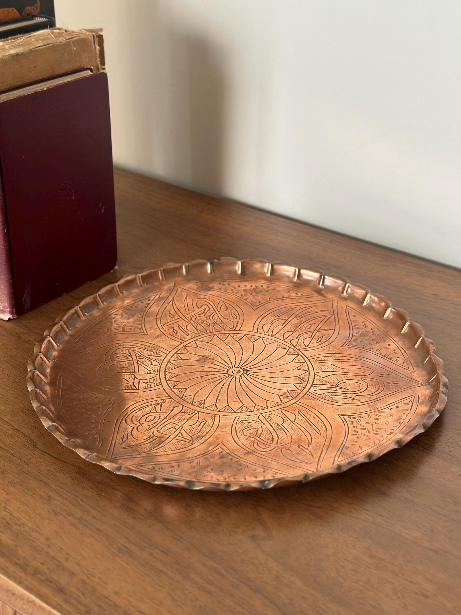 Unique Vintage Etched Copper Tray With Scalloped Edge / Boho Decor - Etsy