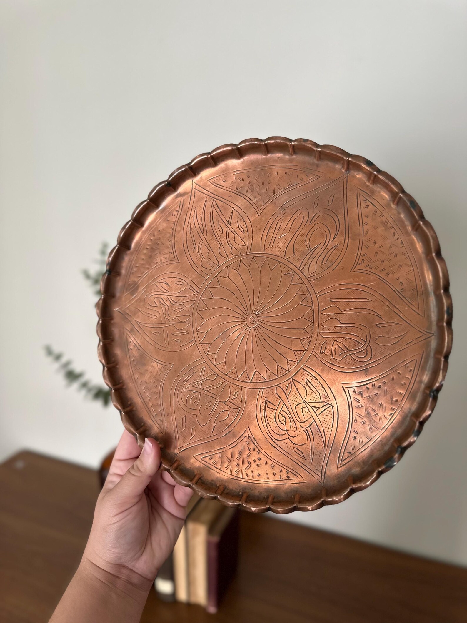 Unique Vintage Etched Copper Tray With Scalloped Edge / Boho Decor - Etsy