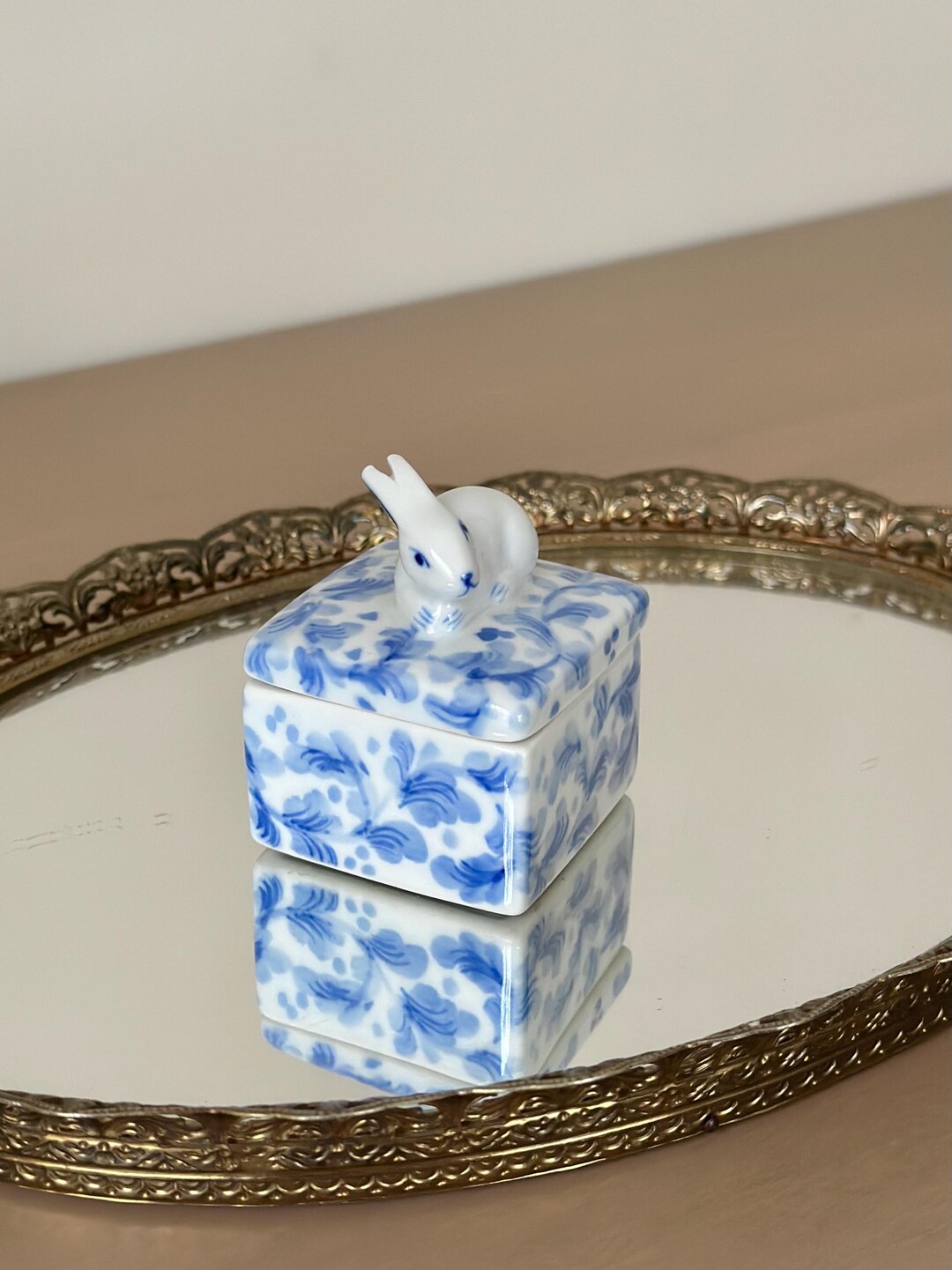Vintage Small Blue and White Trinket Box With Bunny / Andrea by Sadek ...