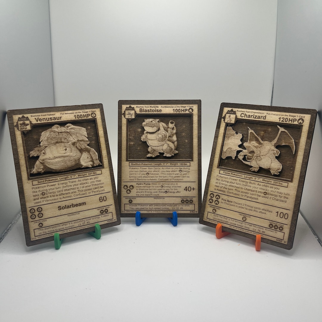 Laser Engraved Wood Stacked Pokémon Cards Charizard, Venusaur, and ...