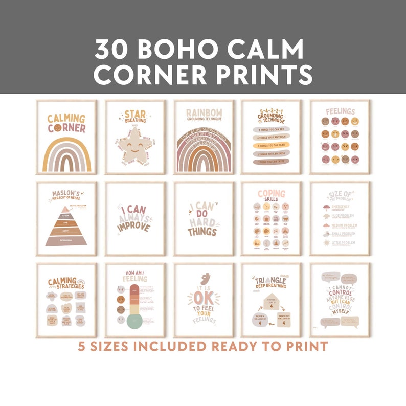Set of 30 Boho Calm Down Corner Posters Sign Kit Calming Decor Print ...