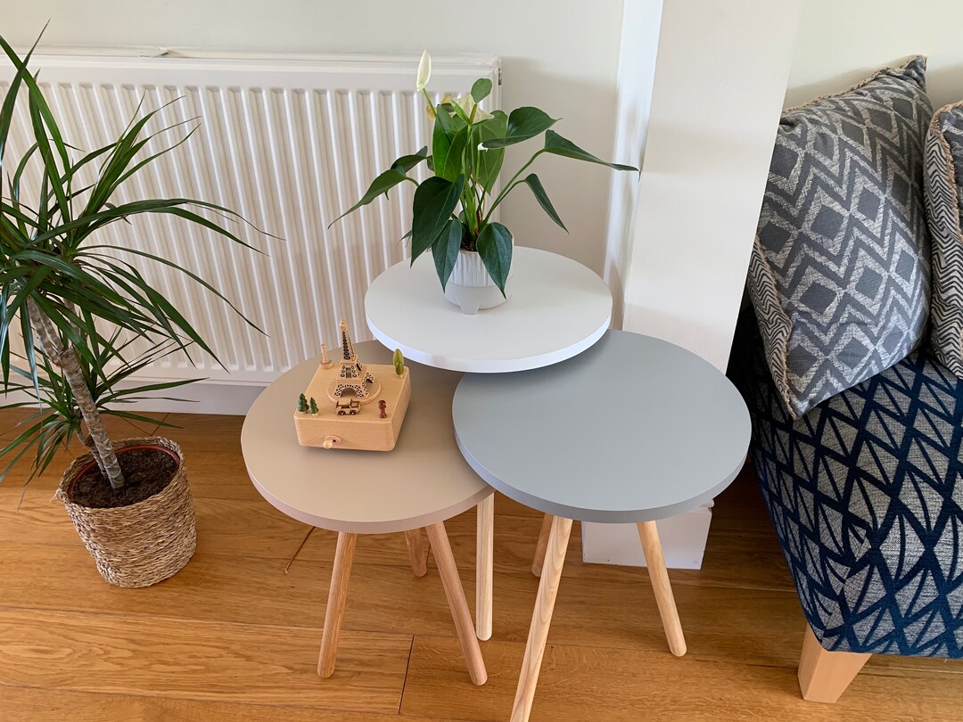 3 Piece Set Modern Large Round Wood Coffee Table Living Room Side Table ...