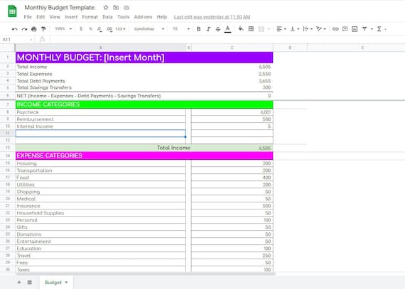 Monthly Budget Template Google Sheets Customizable | Etsy