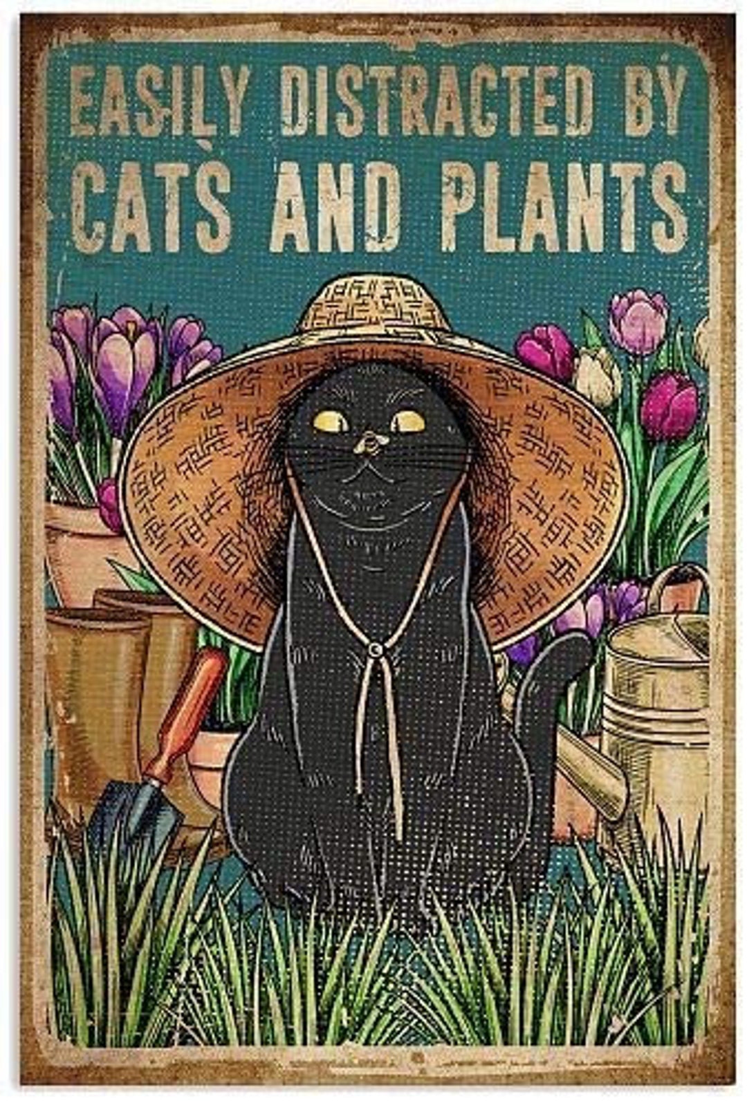 Black Cat Metal Aluminum Sign - Easily Distracted by Cats and Plants ...