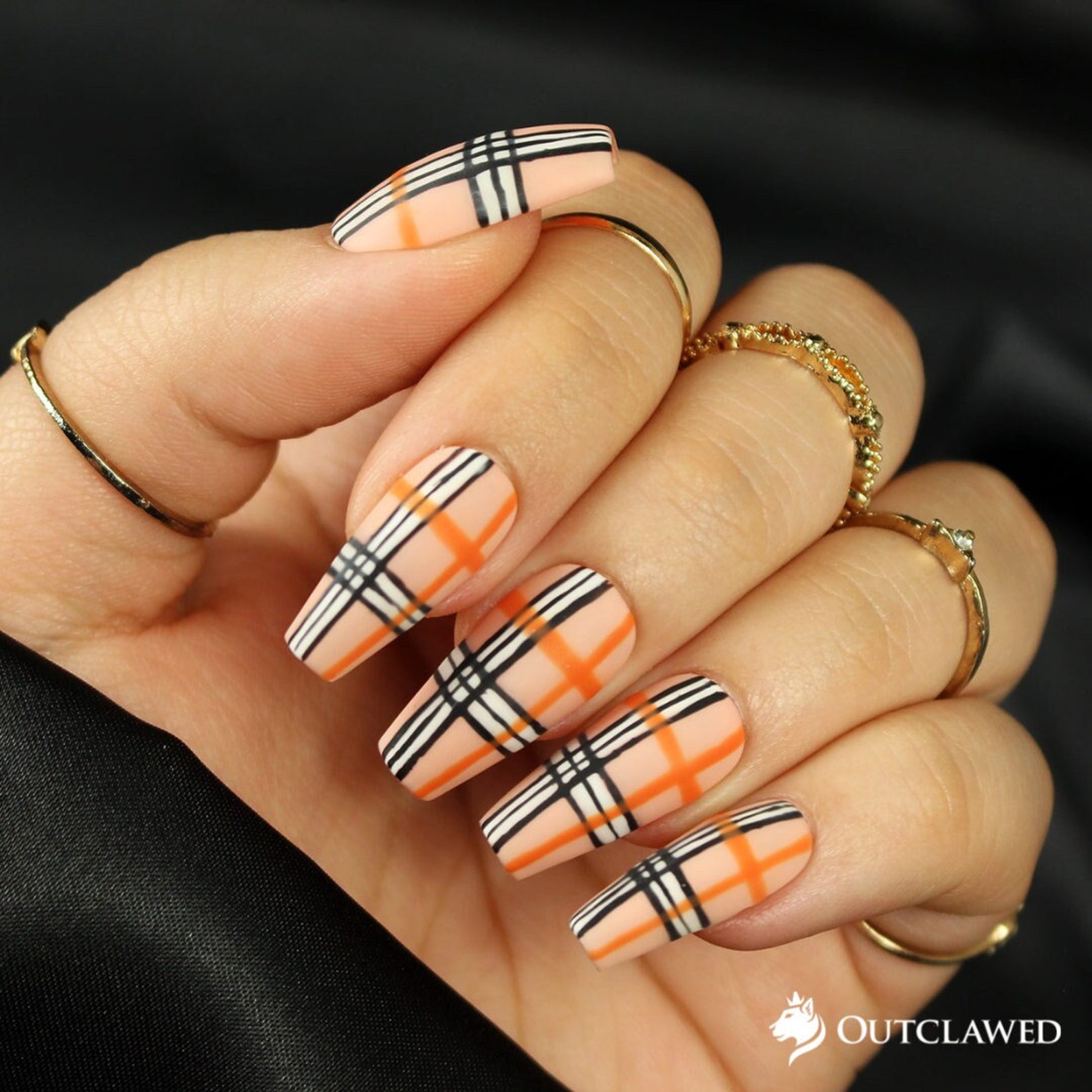 Orange Plaid Fall Nails | Plaid Nails | Autumn Nails | Thanksgiving ...