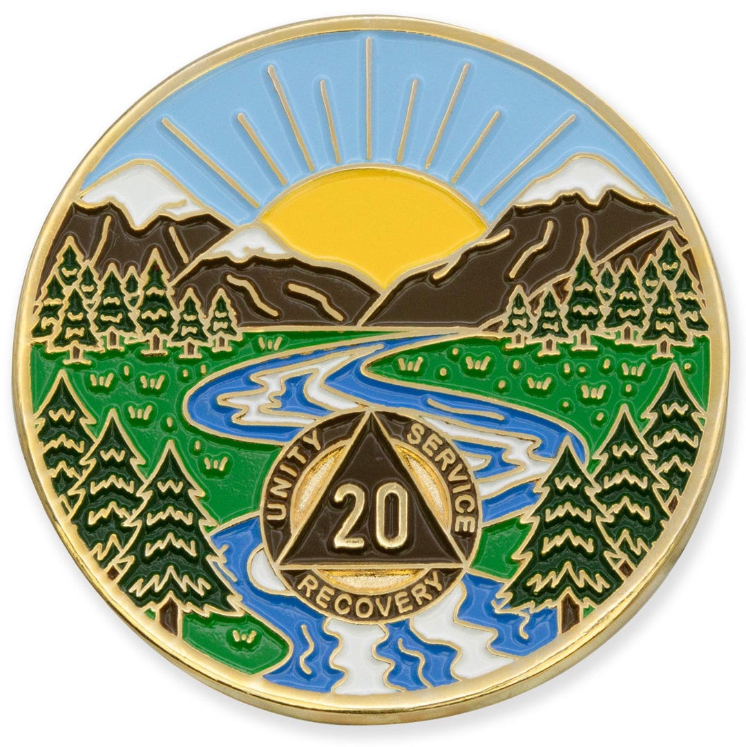 20 Year Sobriety Mint Winding River Gold Plated AA Recovery Medallion ...