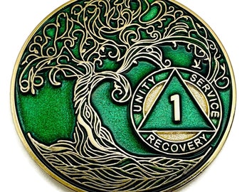 1 Year Sobriety Mint Twisted Flames Gold Plated AA Recovery Medallion ...