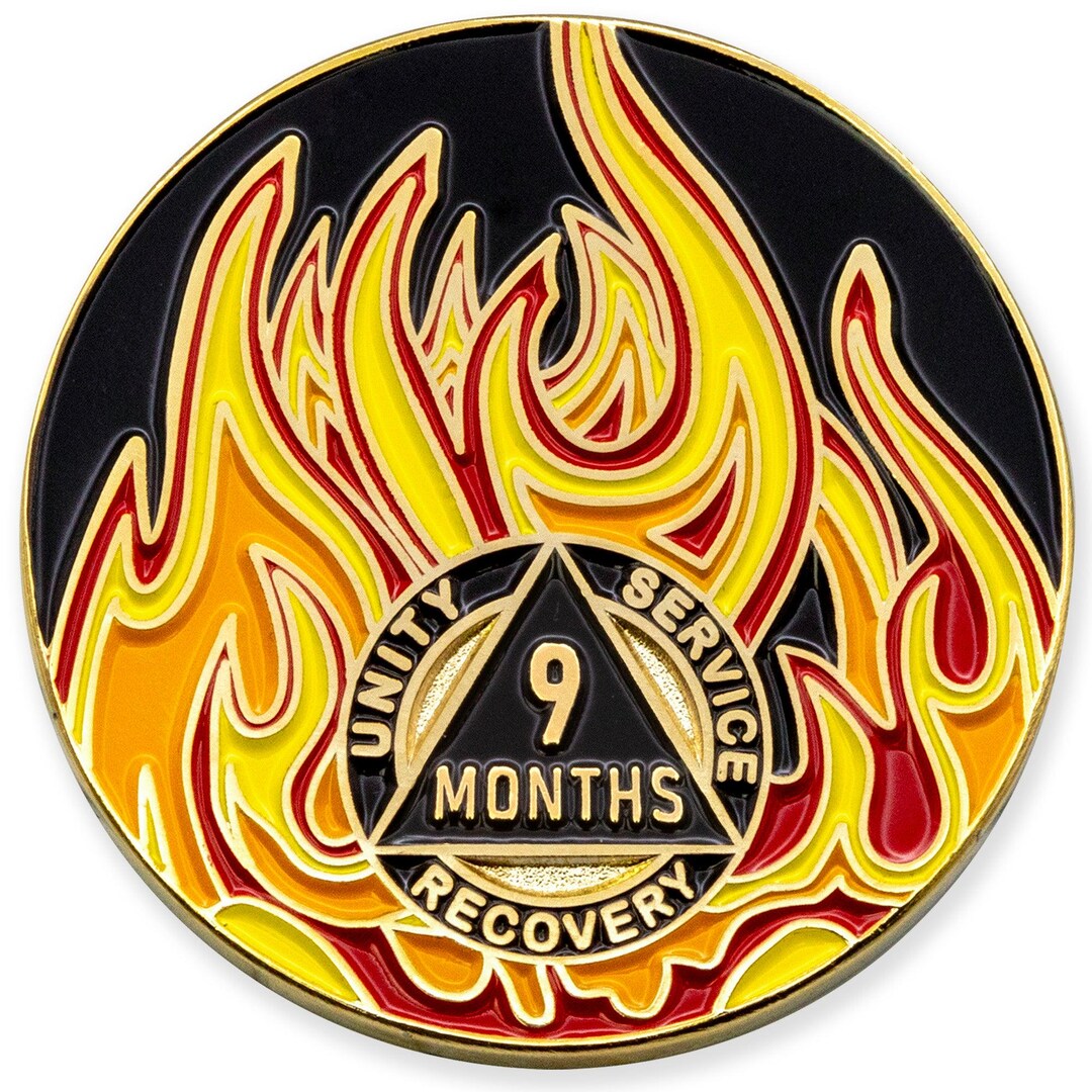 9 Month Sobriety Mint Twisted Flames Gold Plated AA Recovery Medallion ...