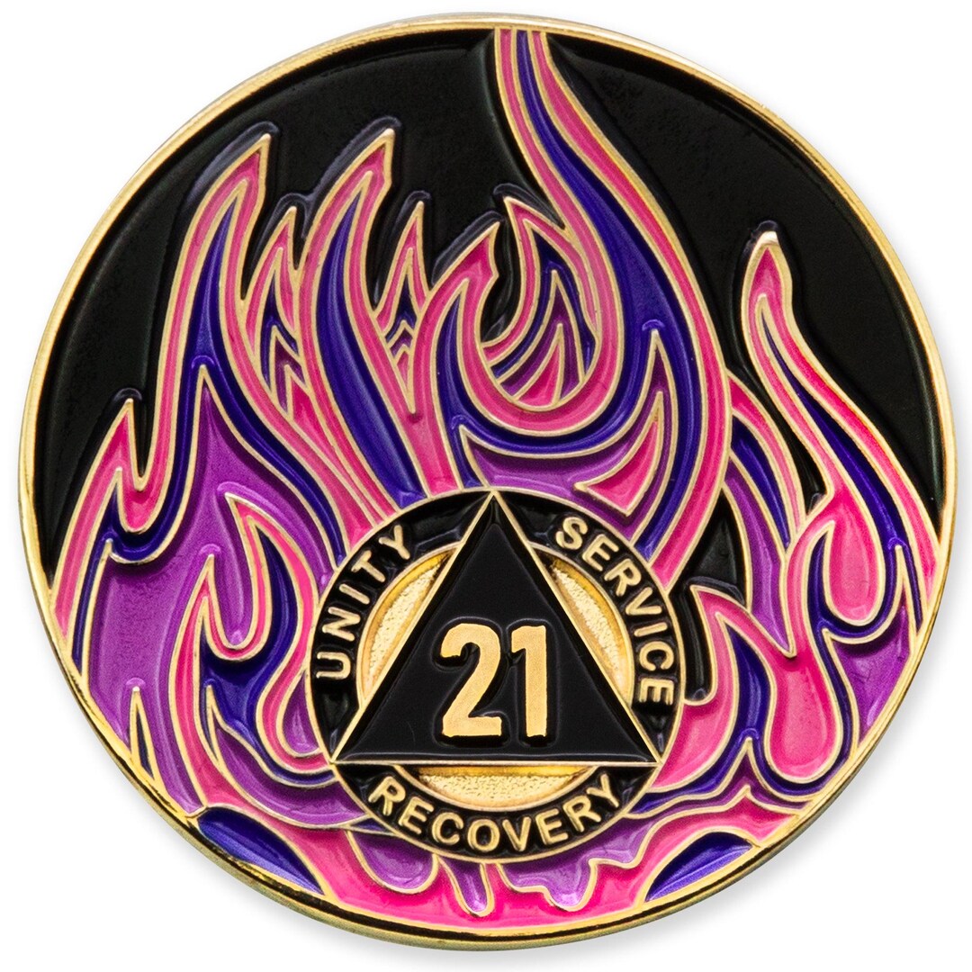 21 Year Sobriety Mint Twisted Flames Gold Plated AA Recovery Medallion ...
