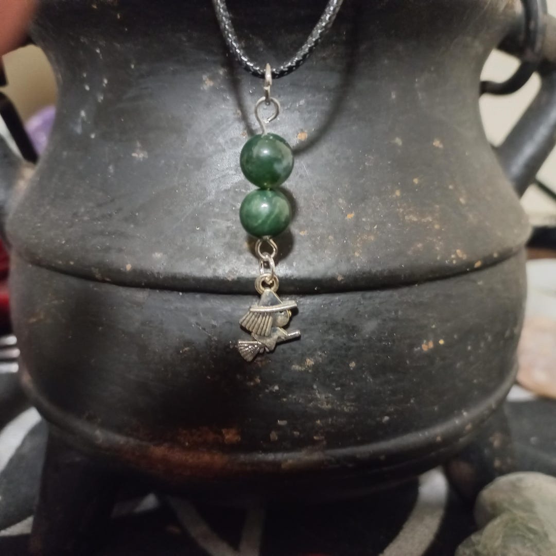 Witch on Broomstick W/ Genuine Semi-precious Crystal Moss Agate ...