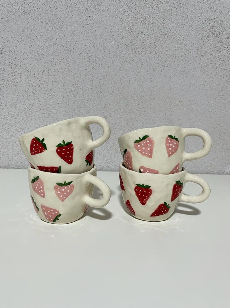 Handmade Light Pink Strawberry Ceramic Mug With Handle | Strawberry Mug ...