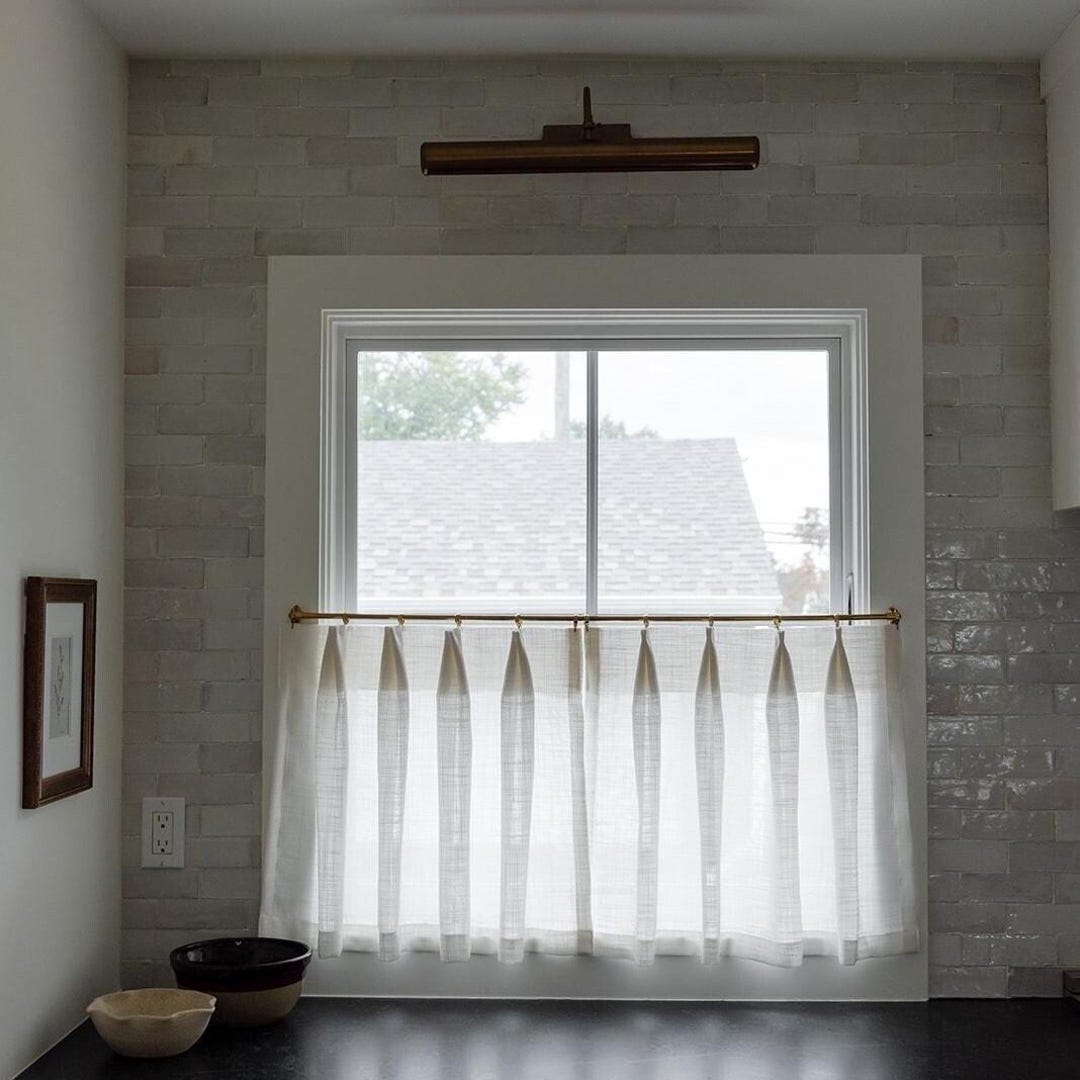 Linen Blend Cafe Curtain | Pinch Pleat Decorative Panel, White Brown or ...