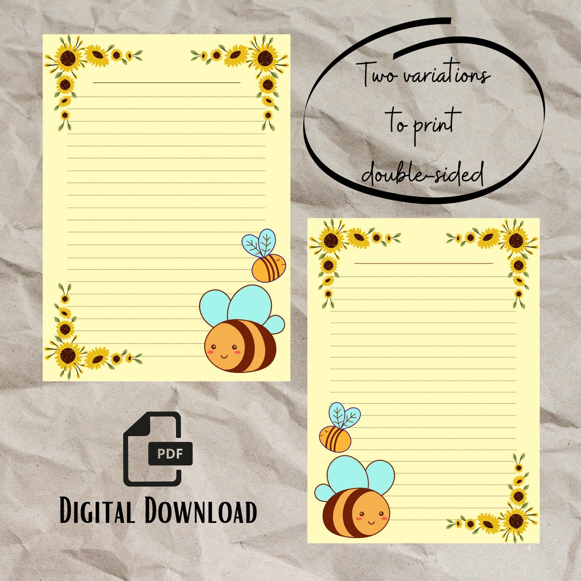 Cute Bumblebee Lined Printable Paper / Sunflower Accents / Notebook ...