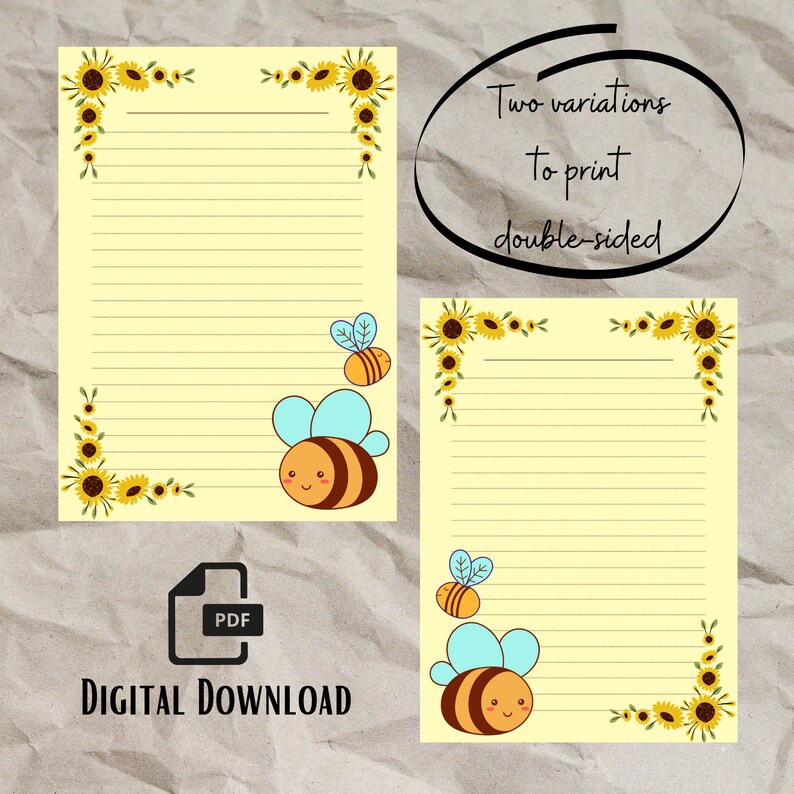 Cute Bumblebee Lined Printable Paper / Sunflower Accents / Notebook ...