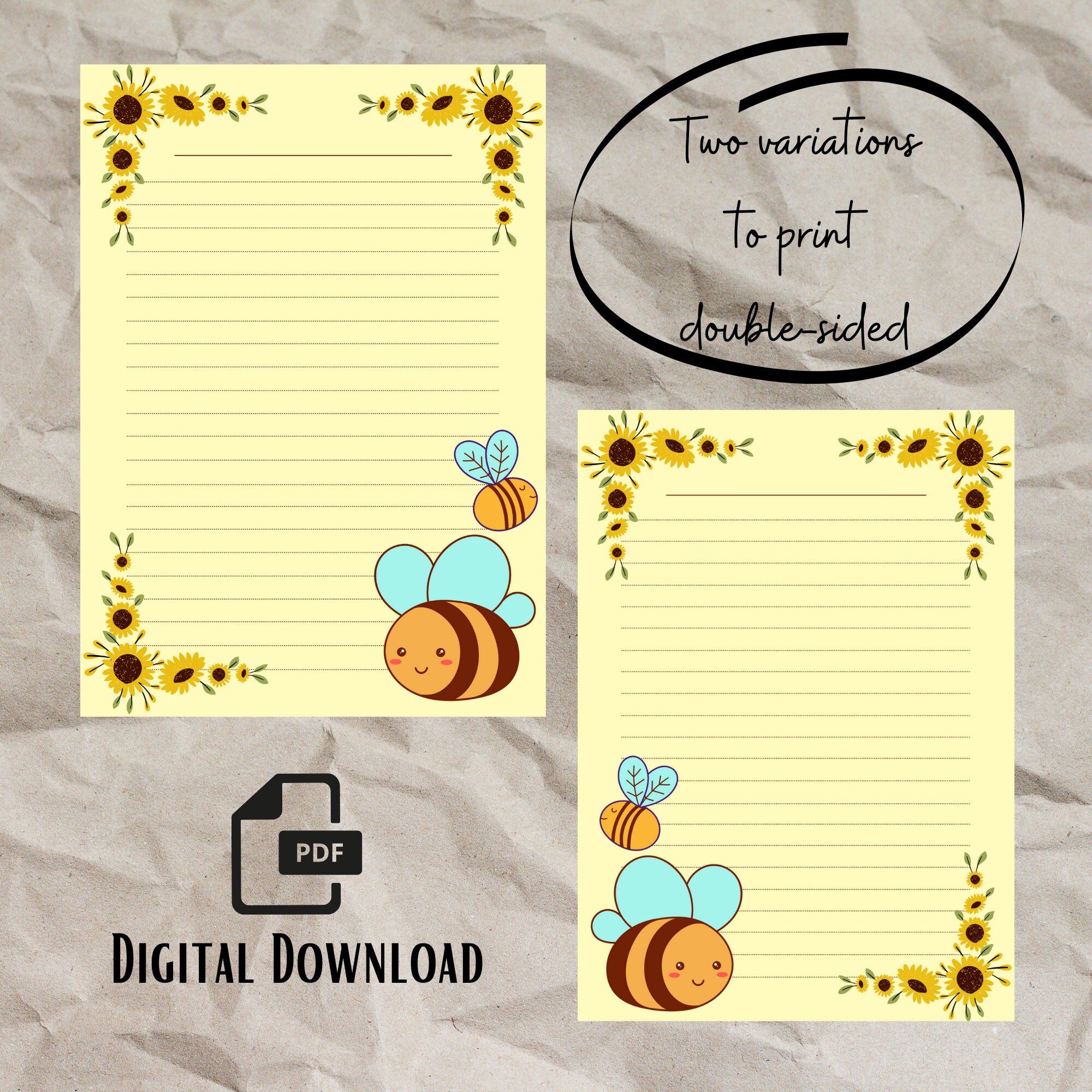 Cute Bumblebee Lined Printable Paper / Sunflower Accents / Notebook ...
