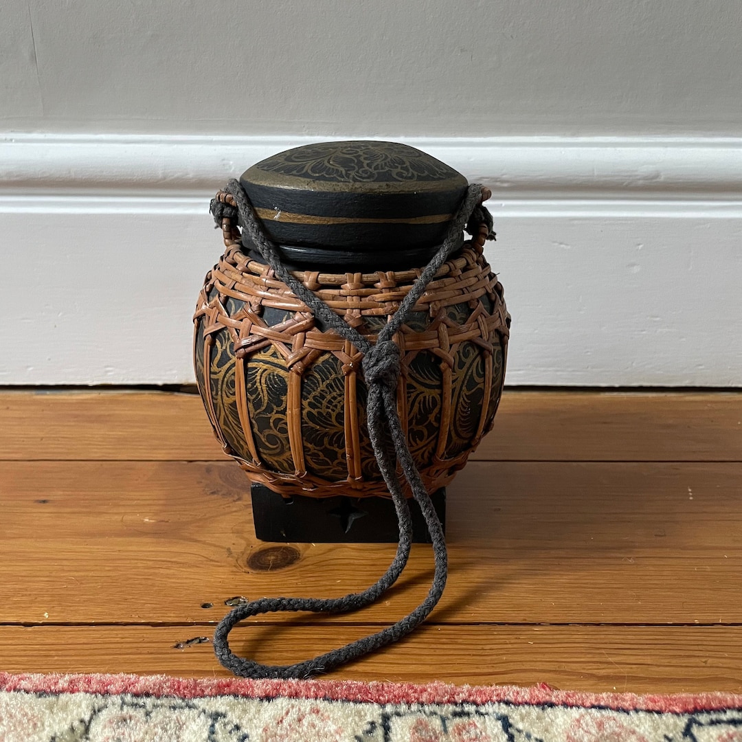 Round Antique Oriental Asian Rice Seed Container Box Lid Woven Wicker ...