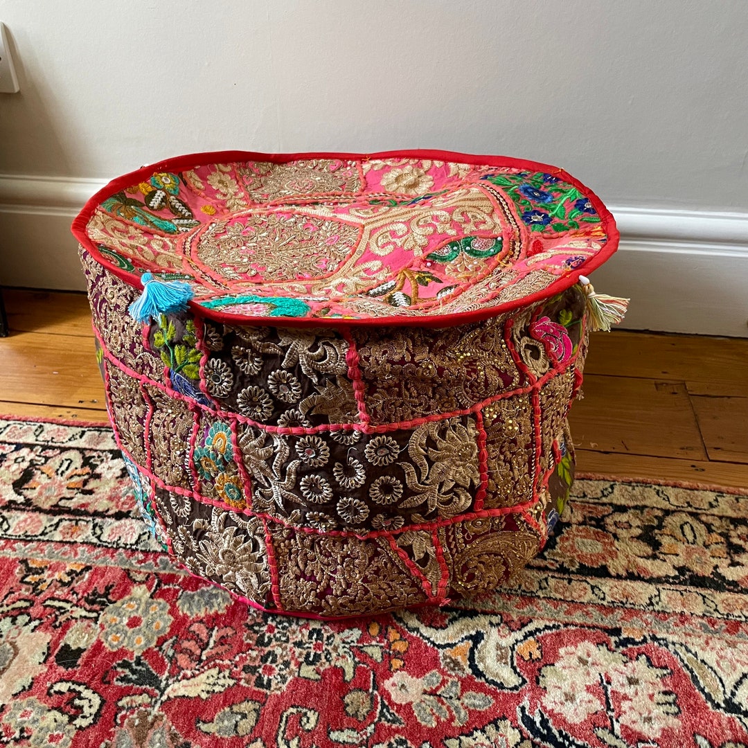 Large Circular Indian Handmade Embroidered Pouffe Stool Footstool Boho ...