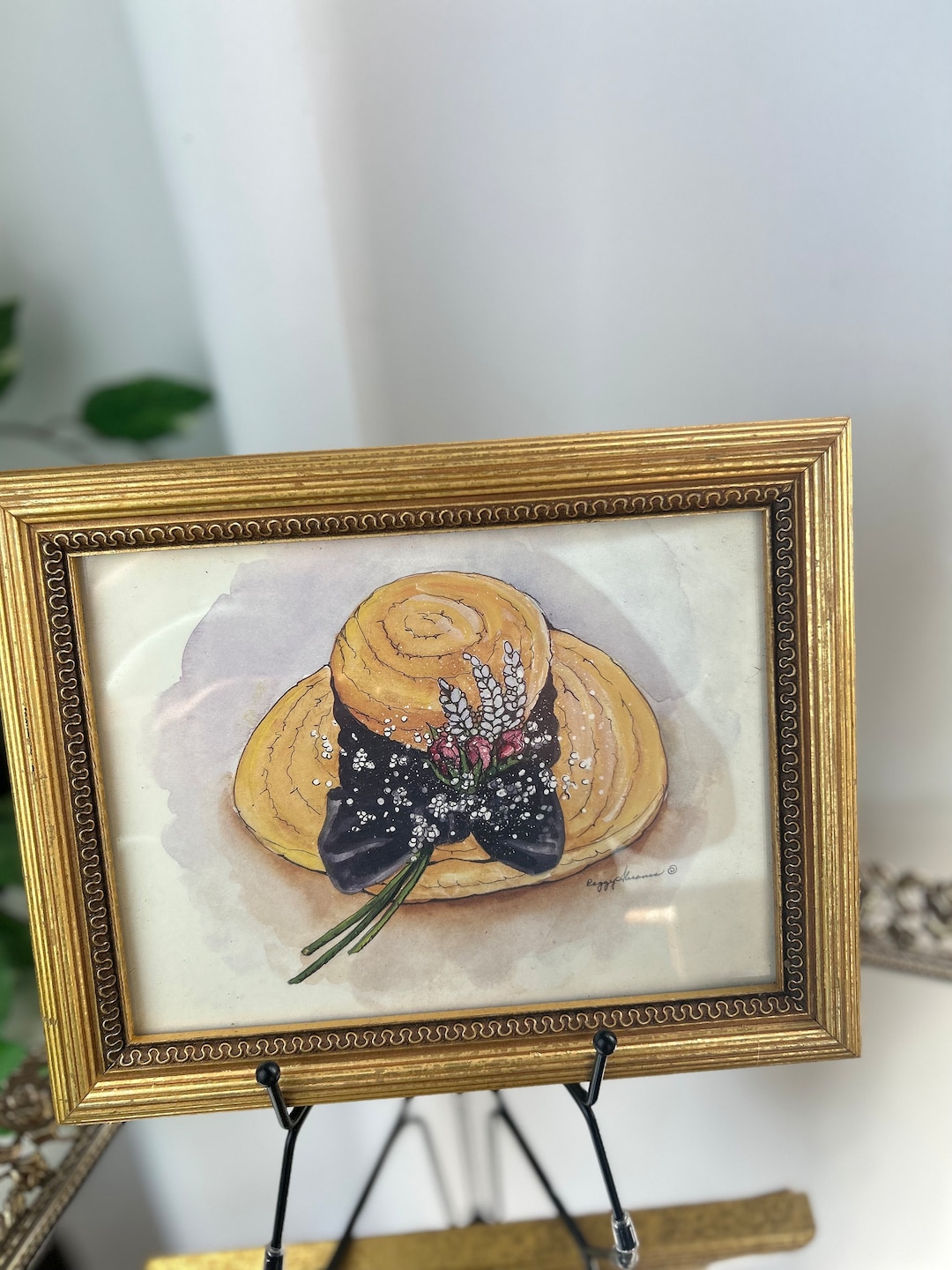 Gold Framed Peggy Abrams Print Straw Hat With Purple Ribbon - Etsy