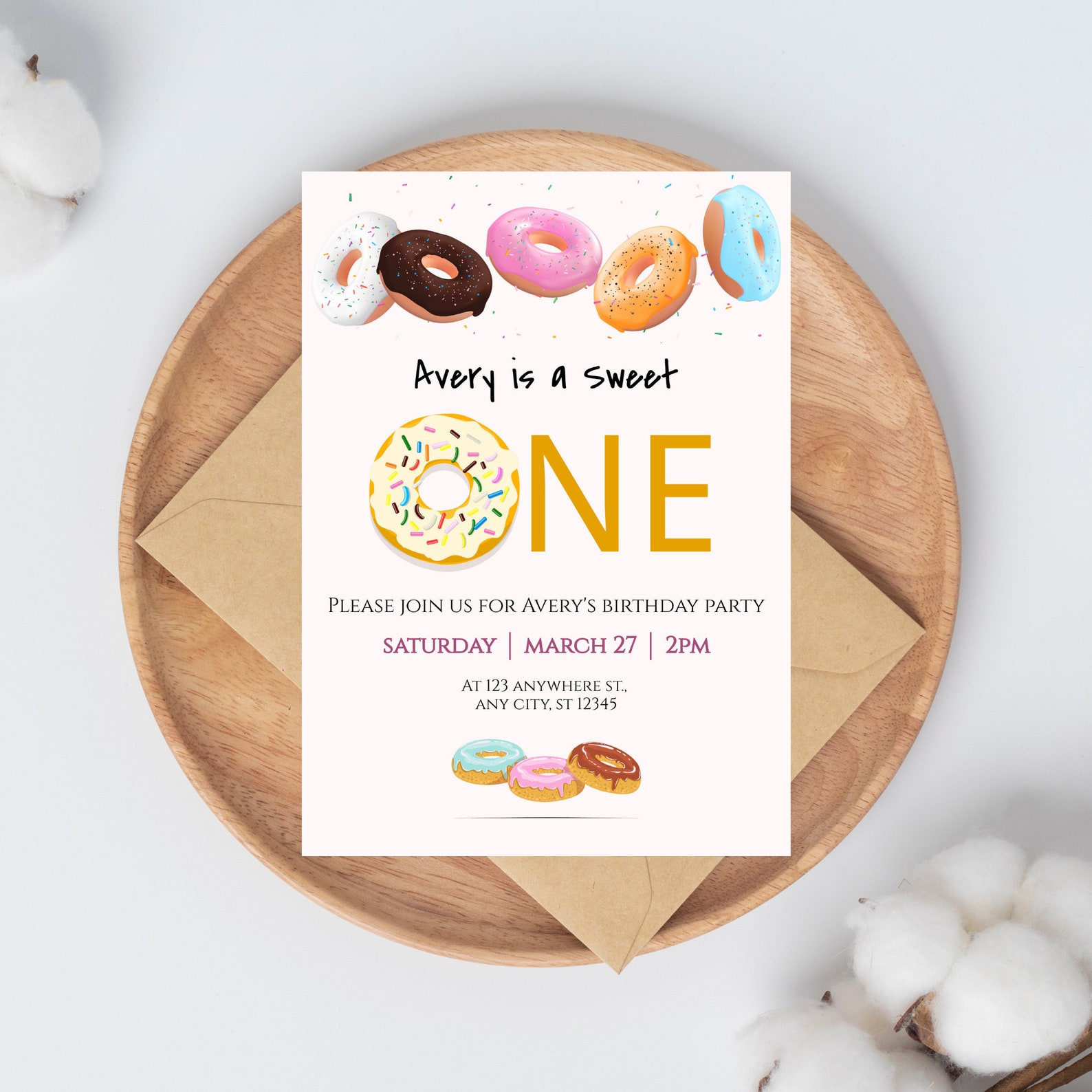 One Year Old Invitation, 1st Birthday, Donut 1st Birthday Neutral ...