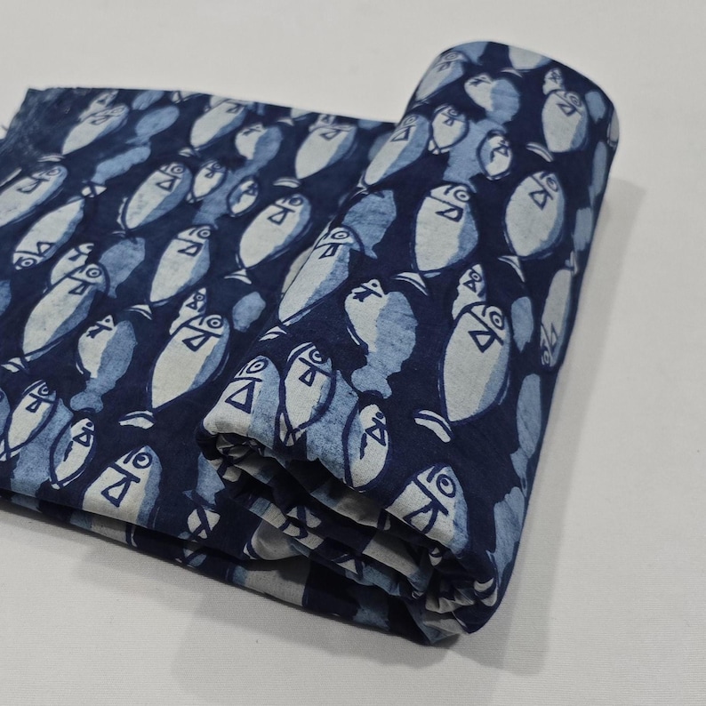Indigo Blue Fish Block Print Cotton Fabric by the Yard, Natural Print ...