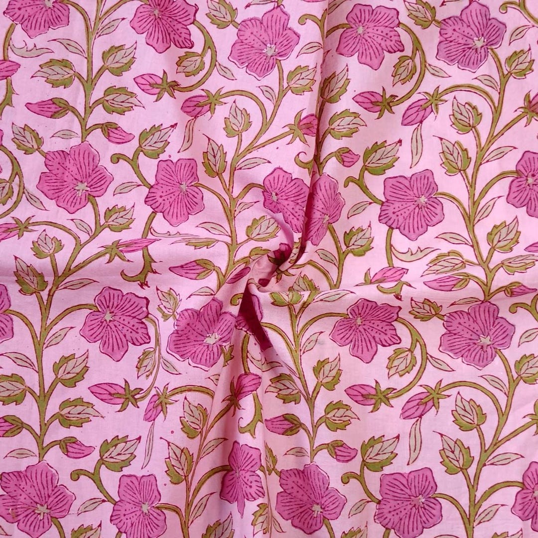 Hand Block Print Pink Cotton Fabric, Indian Floral Design by the Yard ...