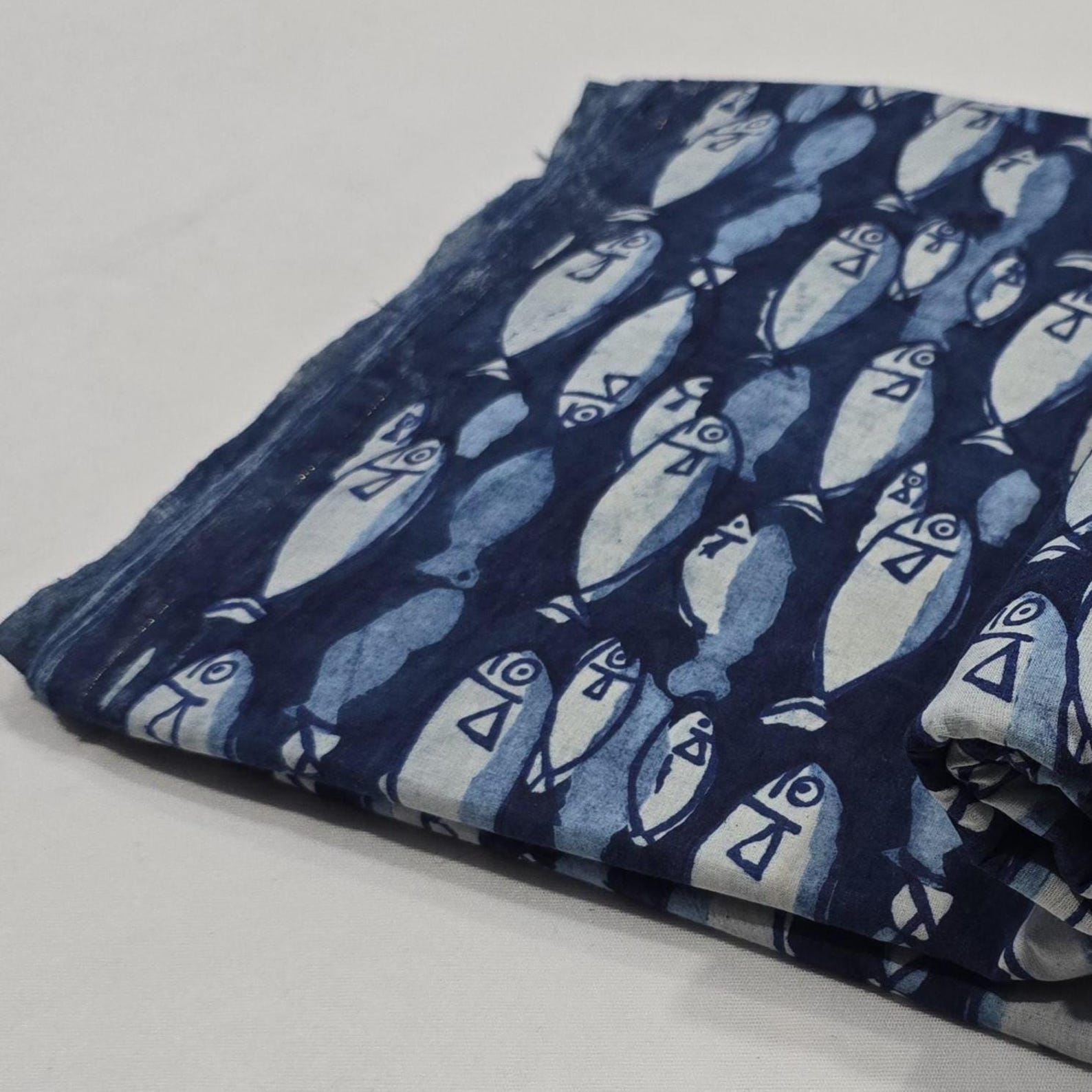 Indigo Blue Fish Block Print Cotton Fabric by the Yard, Natural Print ...