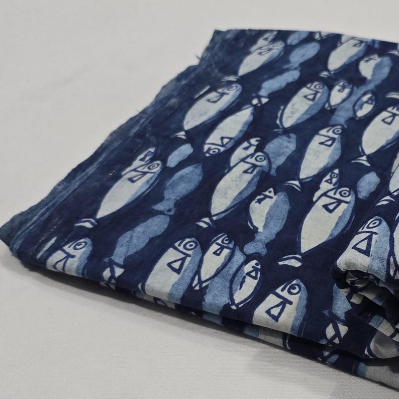 Indigo Blue Fish Block Print Cotton Fabric by the Yard, Natural Print ...