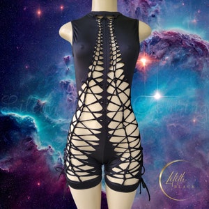 Festival Rave Outfit Black Exotic Dancer Sleeveless Bodysuit Slit Weave Woven Stripper Pole ...