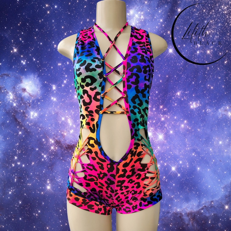 Rainbow Animal Print Racerback Slit Weave Woven Exotic Dancewear Bodysuit Bartender Stripper ...