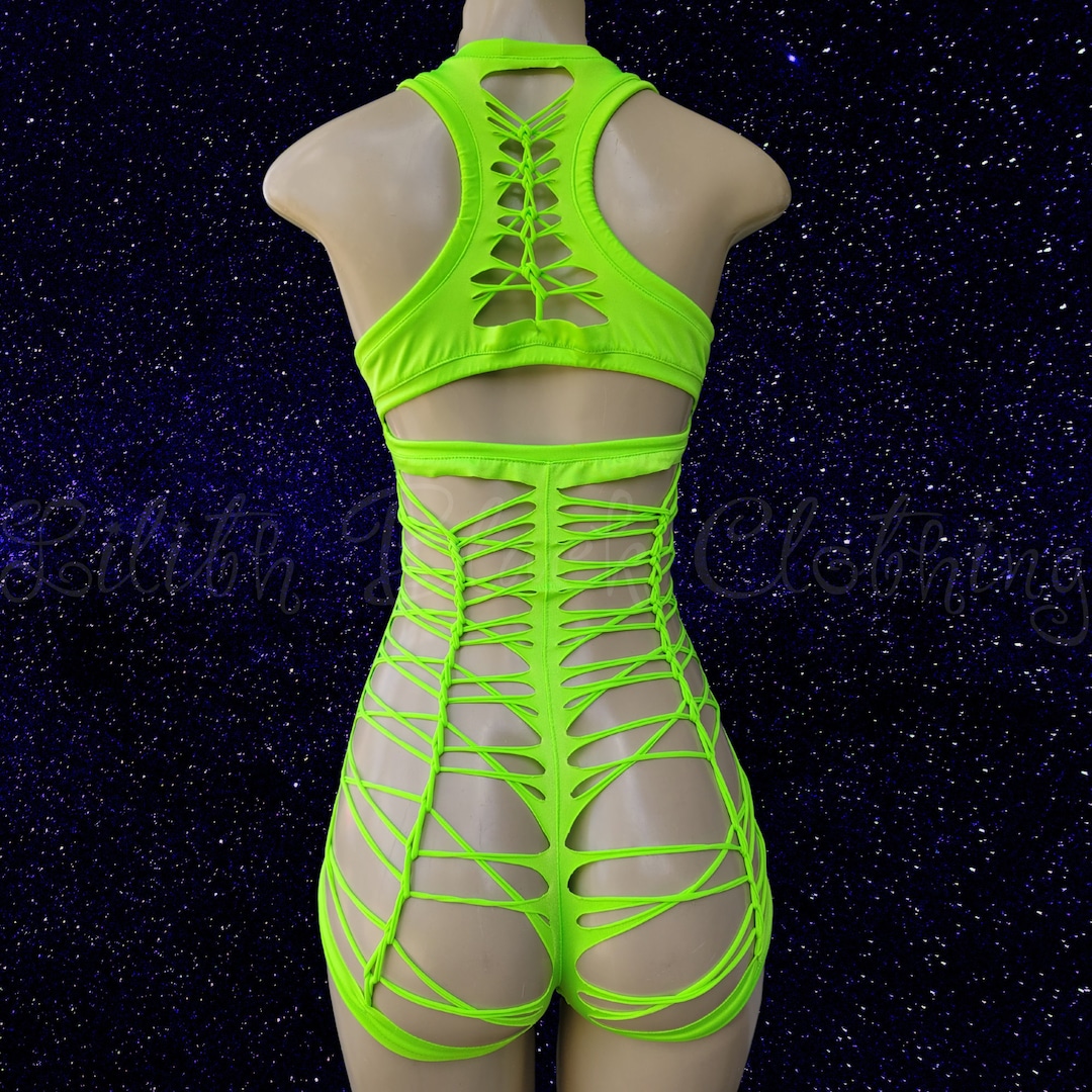 Neon Green Slit Weave Woven Bodysuit Design Exotic Dancewear Stripper Pole Dancing Outfit Rave ...